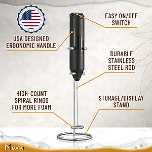 Milk Frother for Coffee, Handheld Drink Mixer Electric Whisk with Stand, Mini Stirrer Wand Cappuccino, Frappe, Matcha, Hot Chocolate Foam Maker, Black, by Mata1-USA