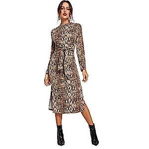 Floerns Women's Snakeskin Print Long Sleeve Tie Waist Split Midi Dress Brown XL