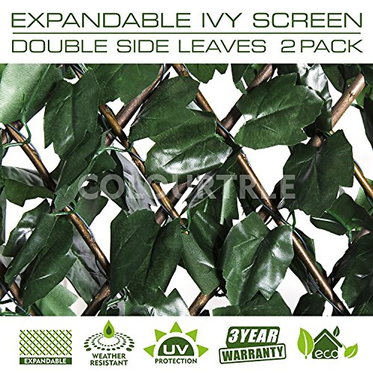ColourTree Expandable Rectractable Faux Artificial Ivy Trellis Hedge Fence Screen Privacy Screen Wall Screen - Commercial Grade 150 GSM - Heavy Duty - 3 Years Warranty (2, Double Sided Leaves)