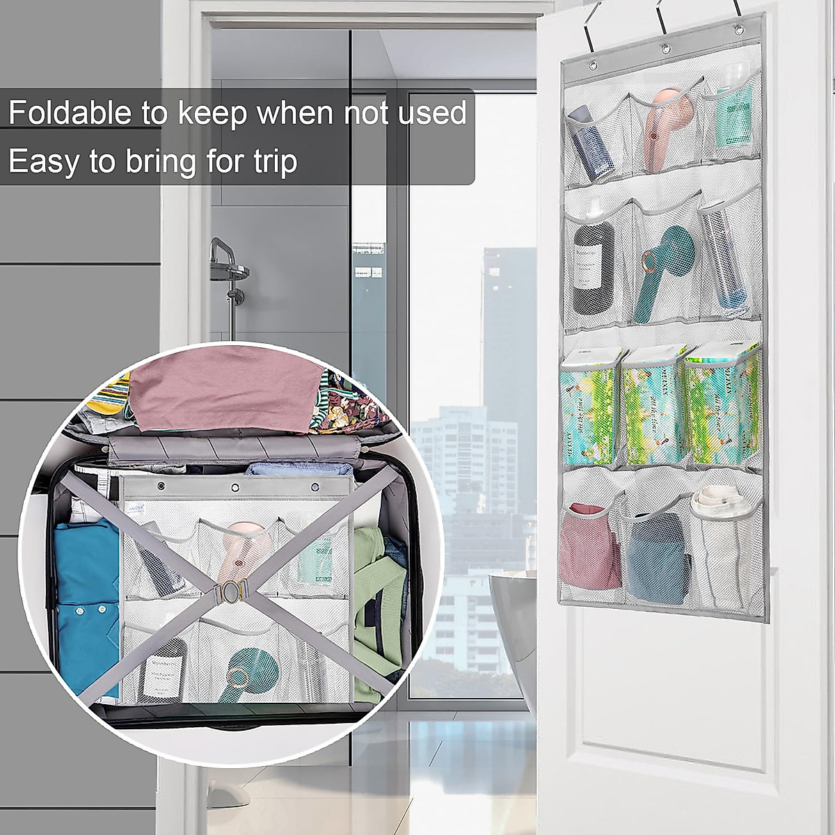 TEMUORG 2 Pcs Door Hanging Bathroom Organizer Mesh Shower Accessories Holder Bathtub Storage Bag with Mesh Pockets (12 Pockets)