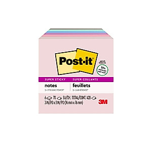 Post-it Super Sticky Recycled Notes, 3 x 3 in, 5 Pads, 2x the Sticking Power, Wanderlust Collection, Pastel Colors, 30% Recycled Paper (654-5SSNRP)