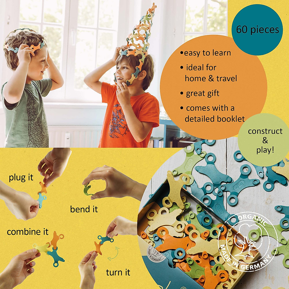 BINABO Construction Toy - Open-Ended, Easy Connections, Create Anything! - Made from 100% Plant-Based Bioplastic (60 Pieces)