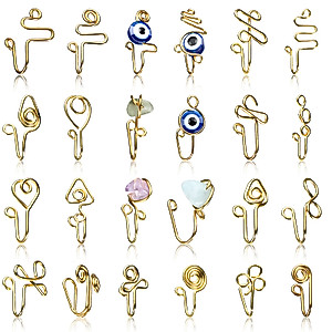 Jadive 24 Pieces African Nose Cuff Stainless Steel Nose Cuff Non Piercing Fake Nose Ring Evil Eye Clip on Nose Ring for Women Men (Gold)