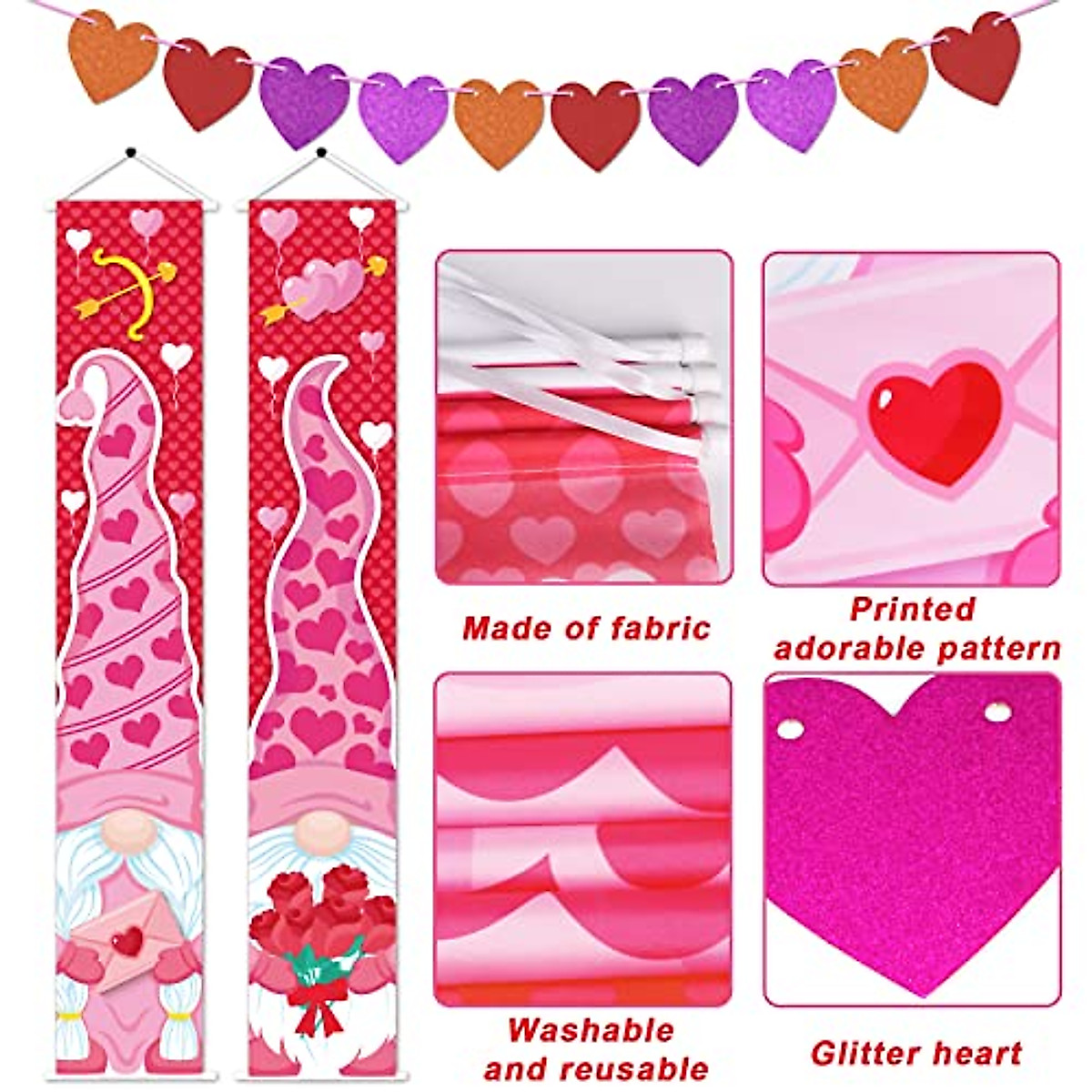 3pcs Valentine's Day Gnome Banner Decorations with Hearts Gliter Banner Valentines Day Outdoor Decorations Home Wall Porch Sign Decor for Holiday Valentines Party Decorations