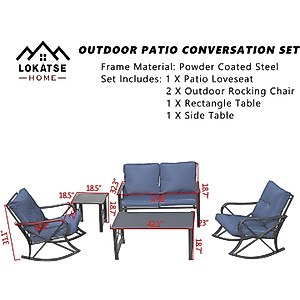 LOKATSE HOME 5 Pieces Patio Conversation Set Outdoor Metal Furniture Padded Deep Seating with Loveseat, 2 Rocking Chairs and 2 Coffee Table, Blue