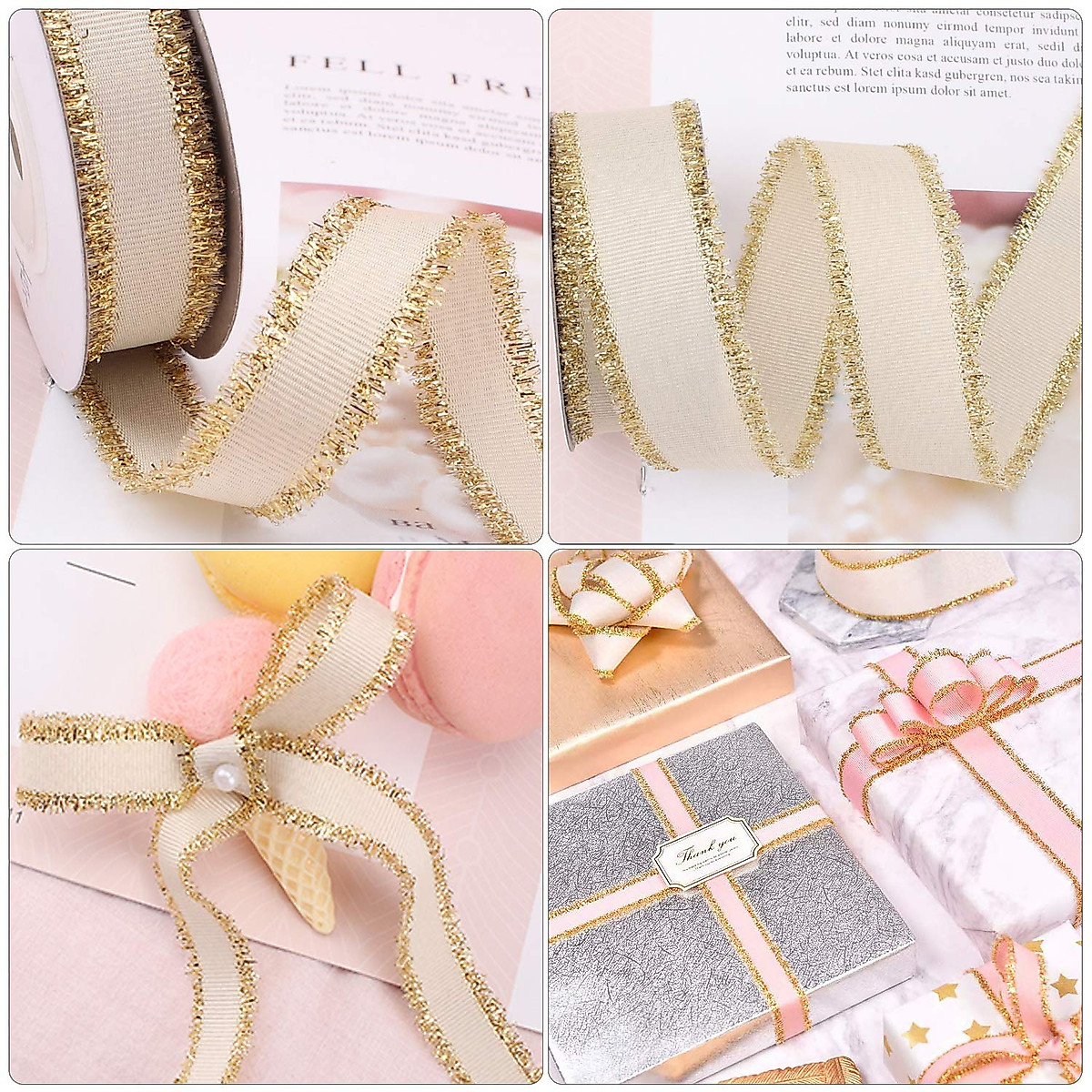 Christmas White Glitter Grosgrain Ribbon with Gold Trim,DIY Grosgrain Fringe Ribbon for Gift Crafts Wedding Party Birthday Wrap Hair Bows Floral Projects Wrapping Decorations 1.6cmx5m (1 Roll)