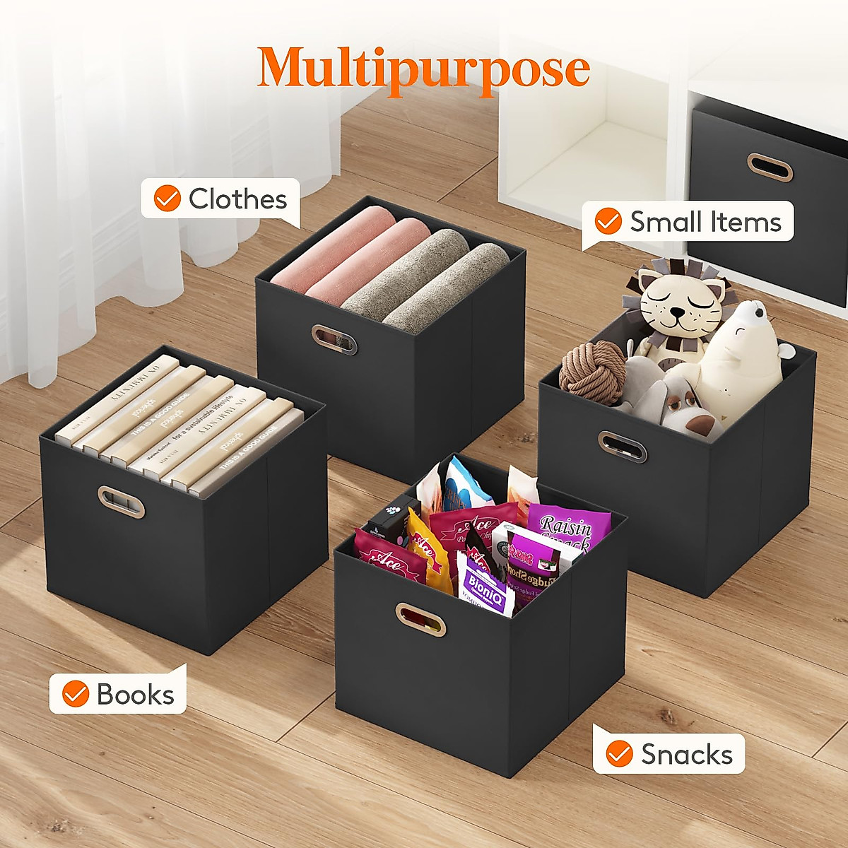 Lifewit 13 Inch Cube Storage Bins, 6 Packs Cube Storage Organizer, Foldable Decorative Fabric Storage Baskets for Organizing Home Organizers with Metal Handles for Shelves, Closet, Black