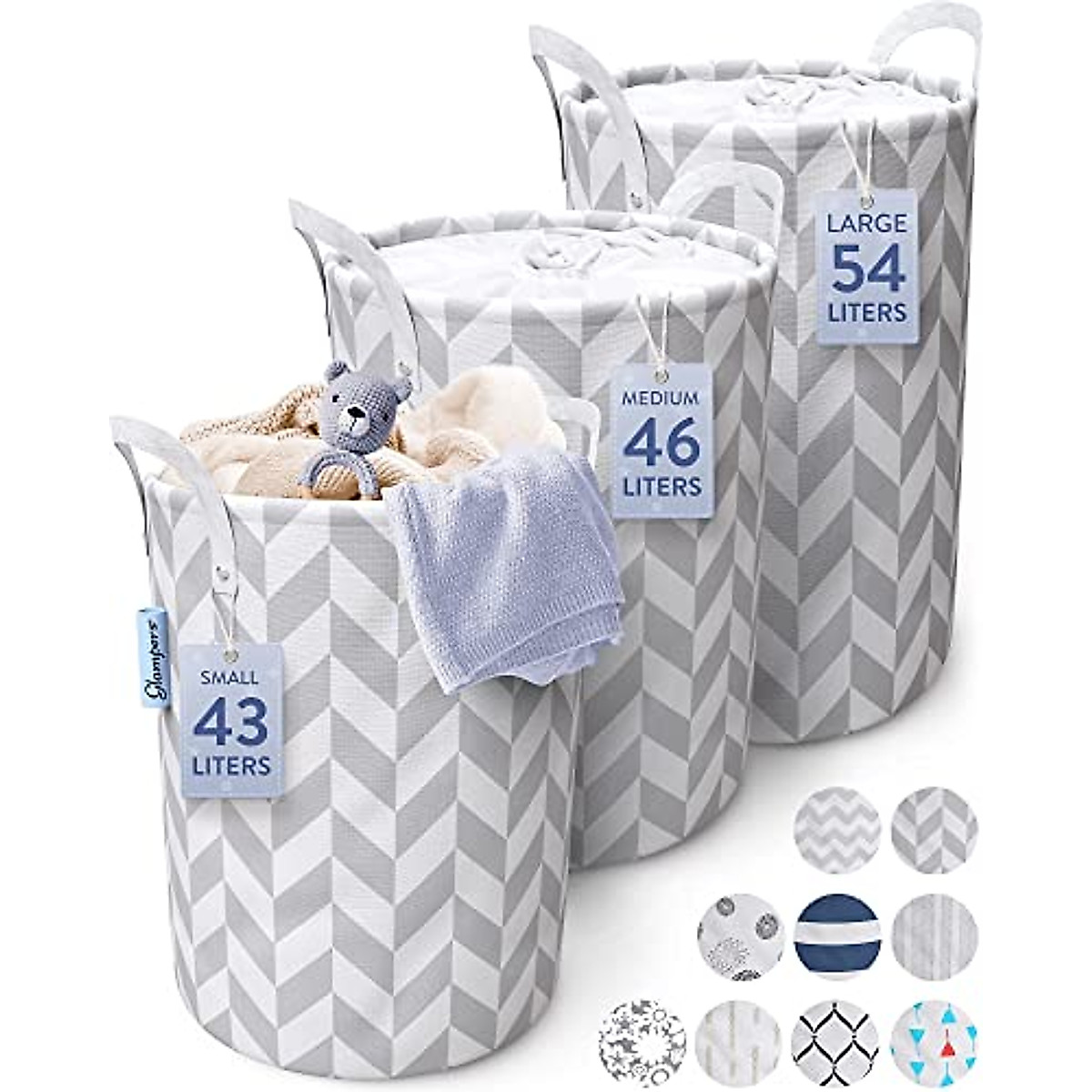 GLAMPERS Laundry Hamper 43/46/54L | Large Laundry Baskets with Sturdy Handles | Collapsible Kids Hamper for Dirty Clothes, Toys | Large, Gray Wave2