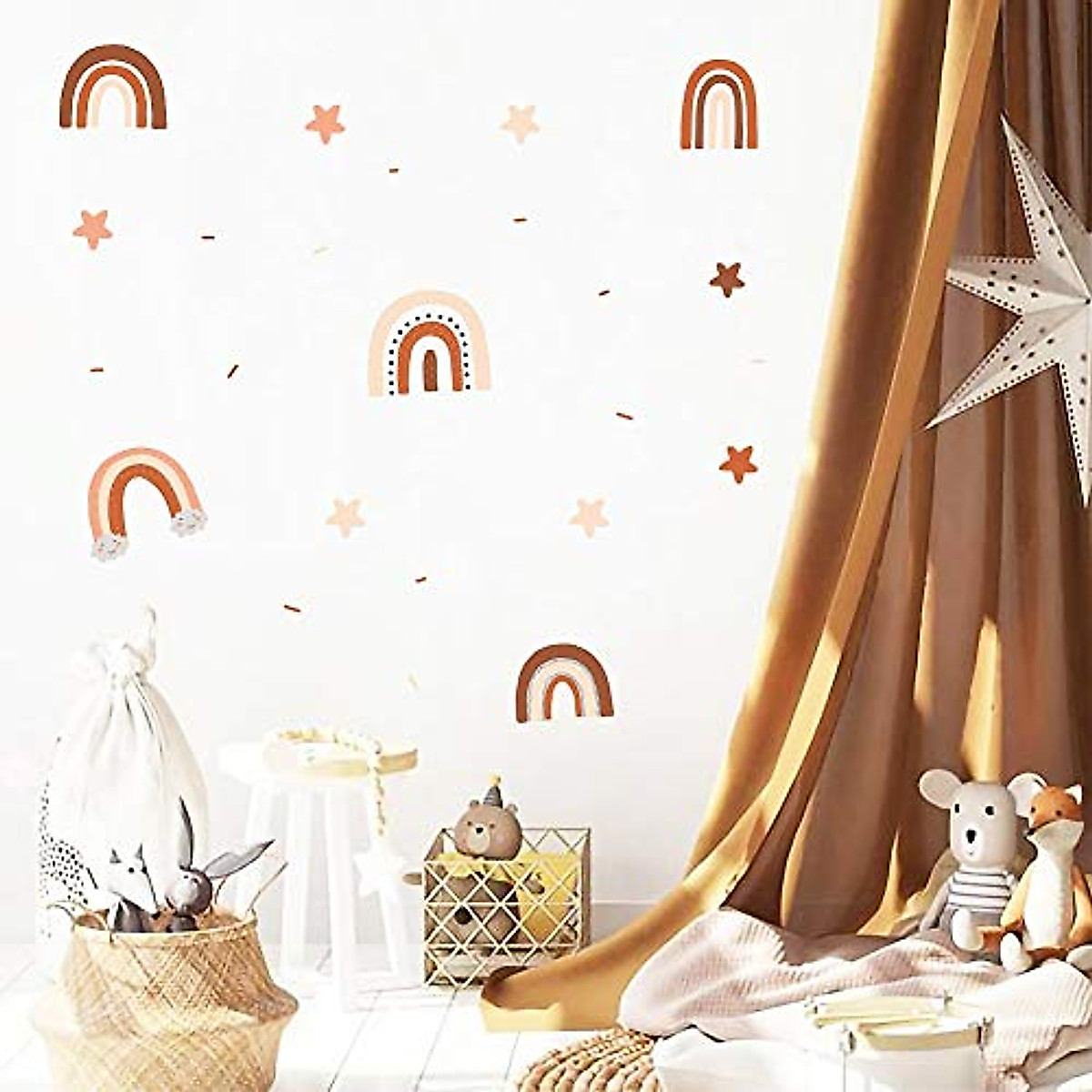DrCor Boho Rainbow Wall Decal for Classroom Dorm Kids Room Nursery Rainbow Clouds Star Warm Earth Toned Wall Stickers Cute Home Decor，6 Sheets 10"x8"