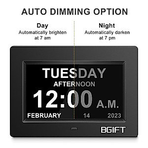 Bgift Digtal Clock with Day and Date for Seniors, Large LCD Time Display, Auto Dimmable, 12 Alarm Settings - Best Gift for Elderly