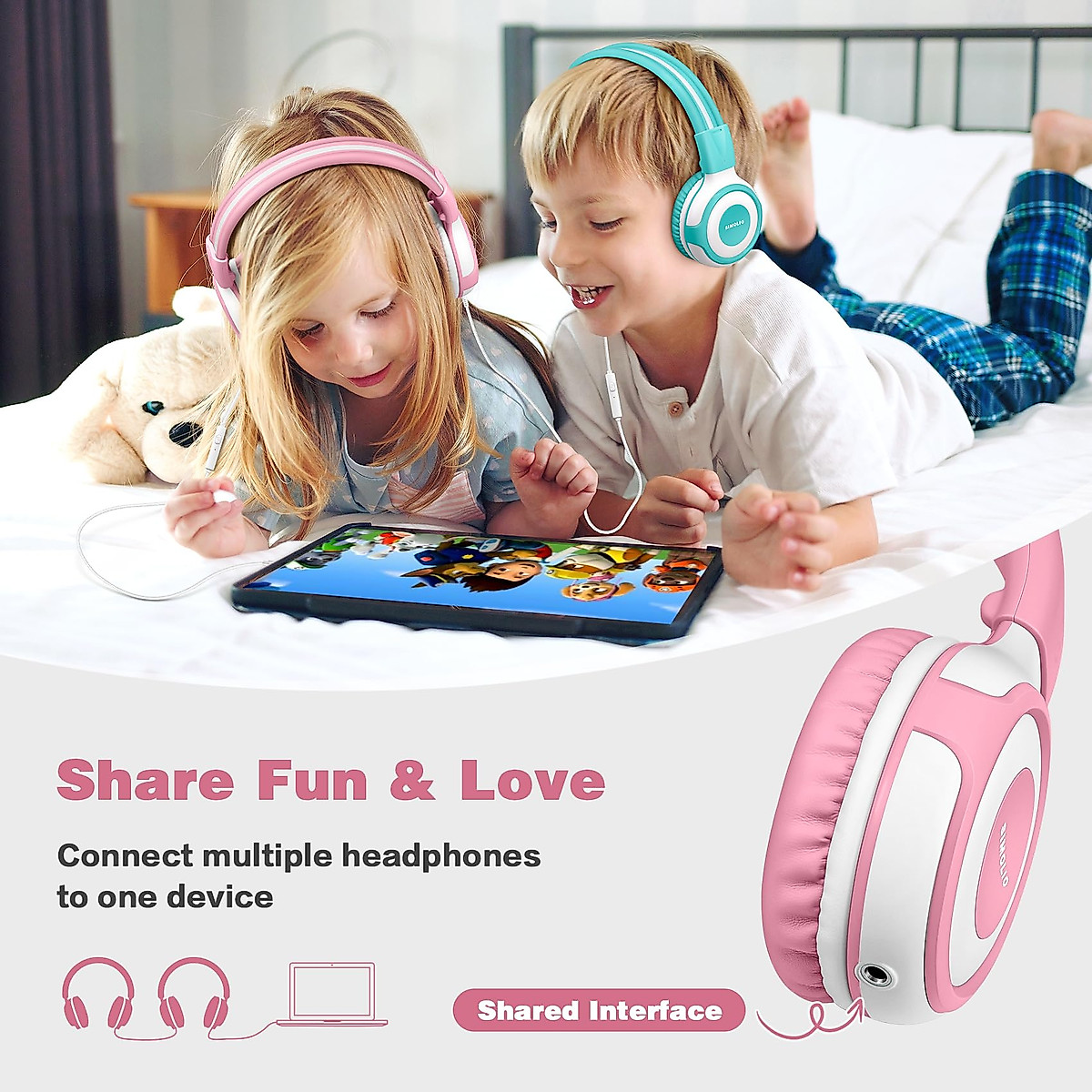 SIMOLIO Wired Headphones for Kids with Mic & Share Port, 75dB/85dB/94dB Volume Limit Children Headphone with Portable Bag for School/Travel, Sturdy Headband, Stereo Sound, Tangle-Free Cord (SM-903P)
