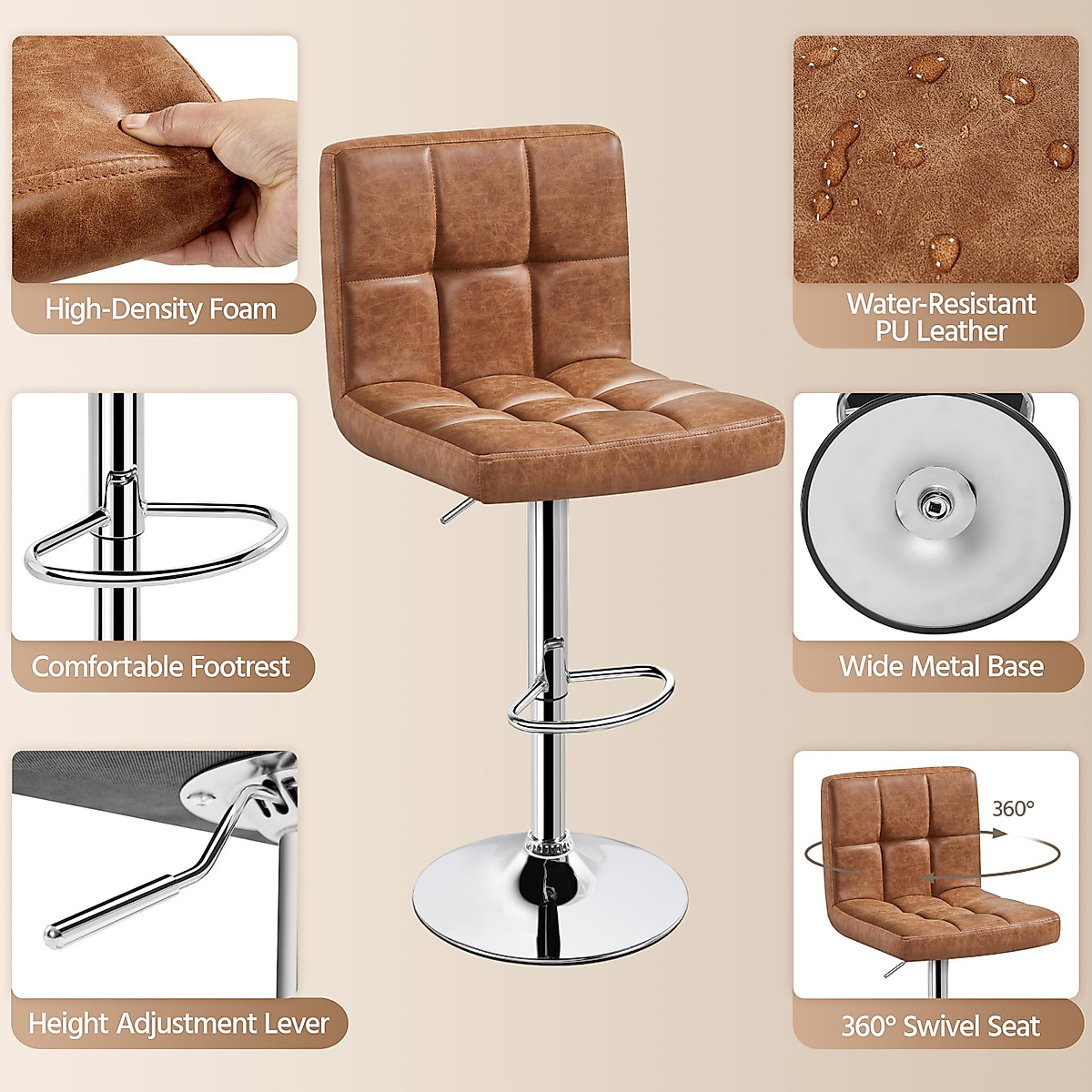 Yaheetech Bar Stools Set of 2, PU Leather Swivel Barstools, Height Adjustable Counter Chairs, Modern Stools with Back for Bar Kitchen Island Dining Room, Retro Brown