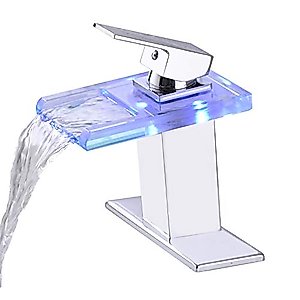 Qeemee LED Light Bathroom Sink Faucet, 3 Colors Changing Waterfall Glass Spout Faucet, Single Handle Single Hole Cold and Hot Water Mixer Vanity Sink Tap (Chrome)