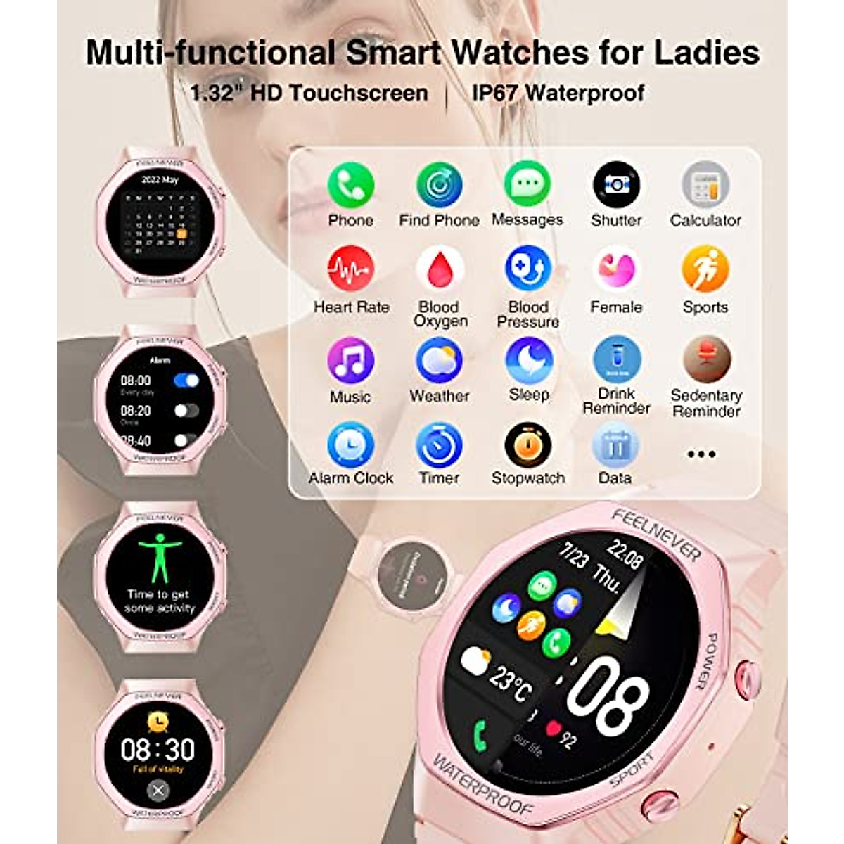 Smart Watch for Women,Answer/Make Call,1.32'' HD Touchscreen,100 Sports Modes Fitness Tracker with Heart Rate/Sleep Monitor/Blood Oxygen,IP67 Waterproof Smartwatch for iPhone Android Pink Purple