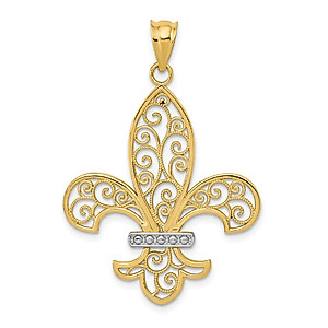 Solid 14k Yellow Gold Two Toned Filigree Fleur de Lis Pendant Charm - 40mm x 25mm