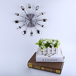 Kitchen Wall Decor, Stainless Steel Large 3D Mirror Modern Design Cutlery Kitchen Utensil Spoon Fork Wall Clock for Kitchen or Eating Area Decoration