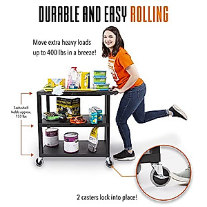 Stand Steady Flat Top Utility Cart by Tubstr | Heavy Duty Service Cart Supports 400 lbs. | Three Shelf Multipurpose Cart Perfect for Home, Garage, Catering, Warehouse & More! (Black / 35 x 18)