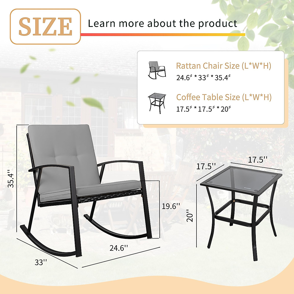 Walsunny 3 Pieces Patio Set Outdoor Wicker Patio Furniture Sets Modern Rocking Bistro Set Rattan Chair Conversation Sets with Coffee Table (Grey)