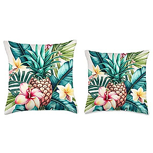 Hawaiian Beaches Hawaiian Polynesian Tropical Aesthetic Plumeria Pineapple Throw Pillow, 18x18, Multicolor