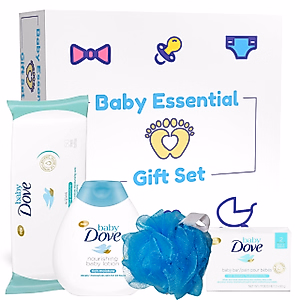 Dove Baby Baby Gift Set with Baby Lotion, Baby Shampoo, Baby Bar Soap and Baby Wipes With Baby Bath Poof, Daily Care Newborn Baby Essentials Set, 4 Piece Gift Set