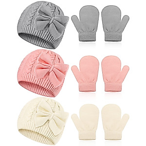 3 Set Toddler Hat Glove Set, Kids Winter Hats Warm Knitted Beanie Mittens Gloves with Bow for Baby Girls and Boys 0-6Y (White, Grey, Pink)