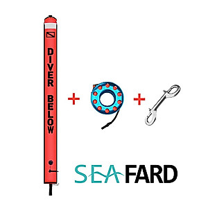4ft Red Scuba Diving Open Bottom Surface Marker Buoy (SMB) with 49ft Finger Spool Alloy Dive Reel and Double Ended Bolt Clip - Blue