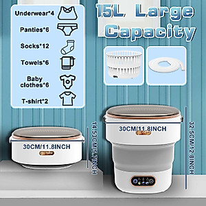 Portable Washing Machine, 15L New Updated Small Washing and Dryer Machine, Collapsible Mini Washer with Spin for Travel, Apartment, Baby Clothes, Socks (Grey)