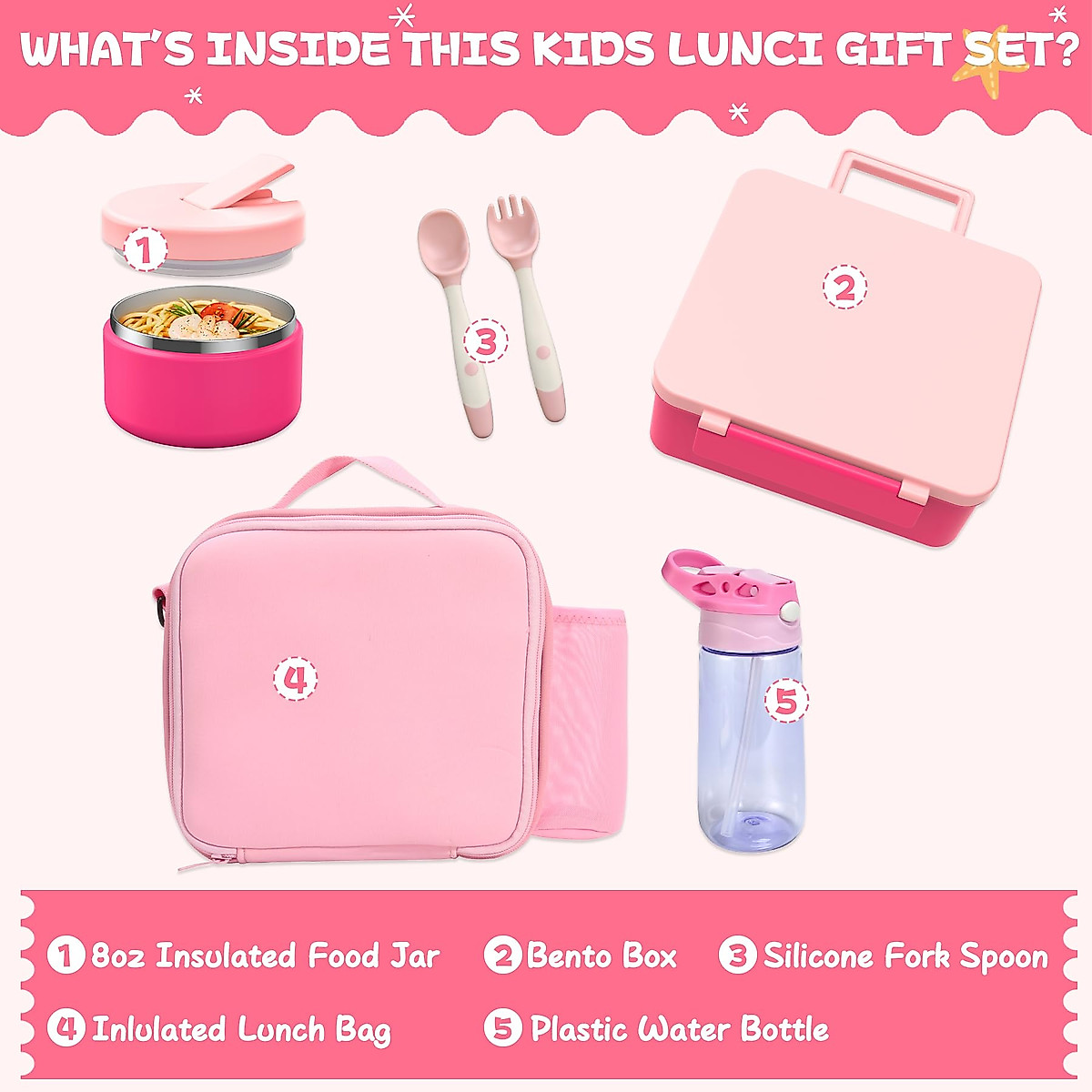 Kids Bento Lunch Box with 8oz Soup Thermo, Water Bottle, Kids Leakproof Lunch Food Containers with 4 Compartment, Kids Insulated Hot Food Jar with Lunch Bag for School, Trvael (Pink)