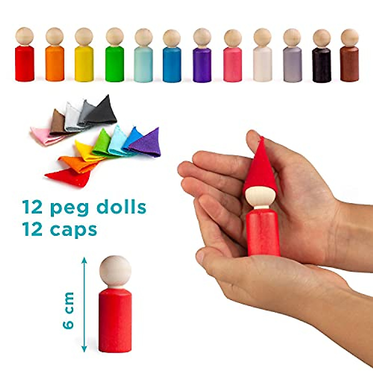 Ulanik Peg Dolls with Hats Toddler Montessori Toys for 3 Year Old + Kids Wooden Waldorf Dolls for Learning Color Sorting and Counting — 12 Gnomes, 2.36 in