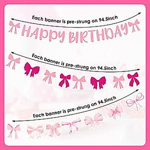 VorkiVecKi Coquette Happy Birthday Banner - Pink Bow Birthday Decorations 3 Pcs Happy Hanging Ribbon Banner Sweet Streamers Garland Decor for Girls Women Bday Party Decoration Supplies