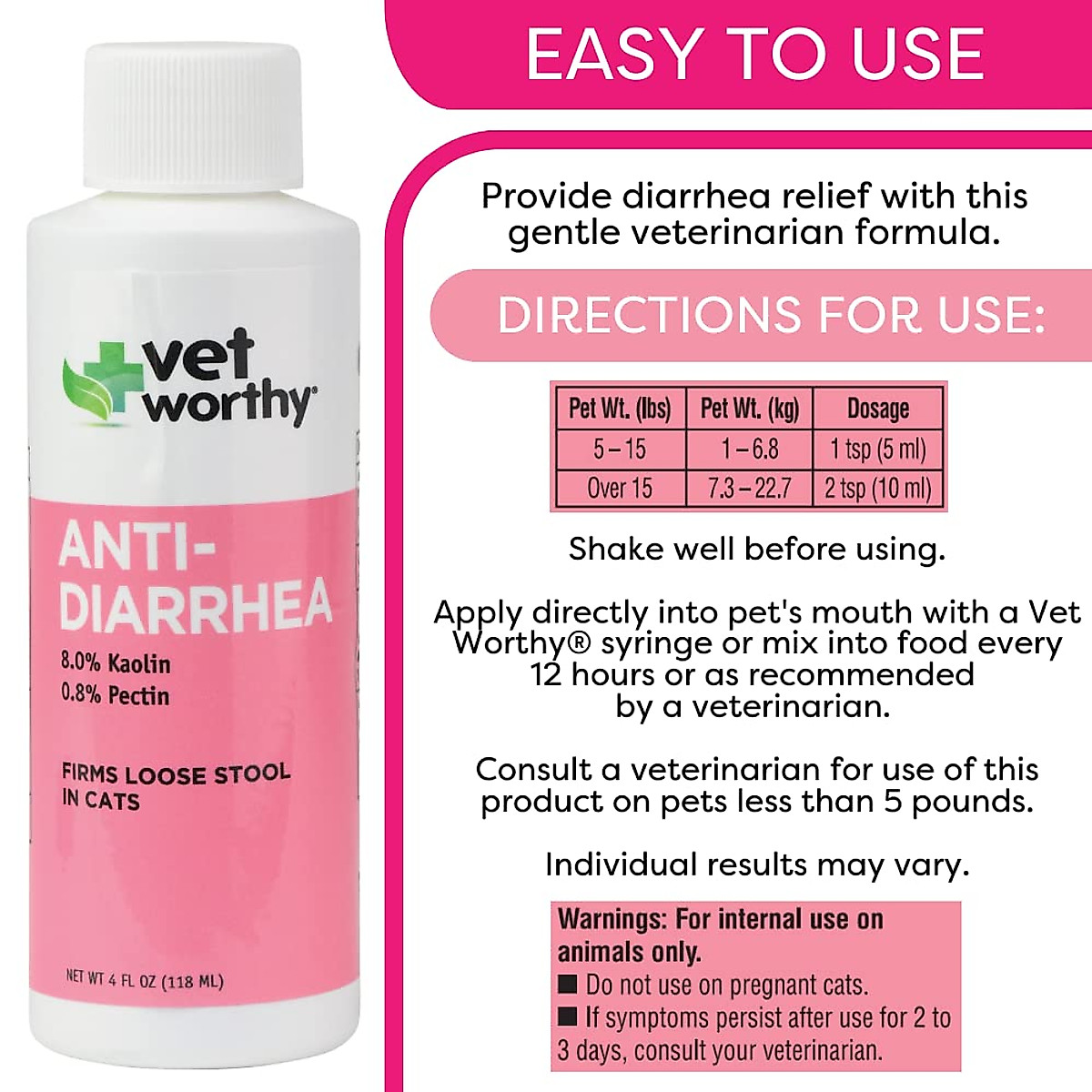 Vet Worthy Anti-Diarrhea for Cats - Cat Supplement to Help Relieve Diarrhea, Stomach Upset, and Discomfort - Pet Digestive Health Support with Kaolin and Pectin - 4oz