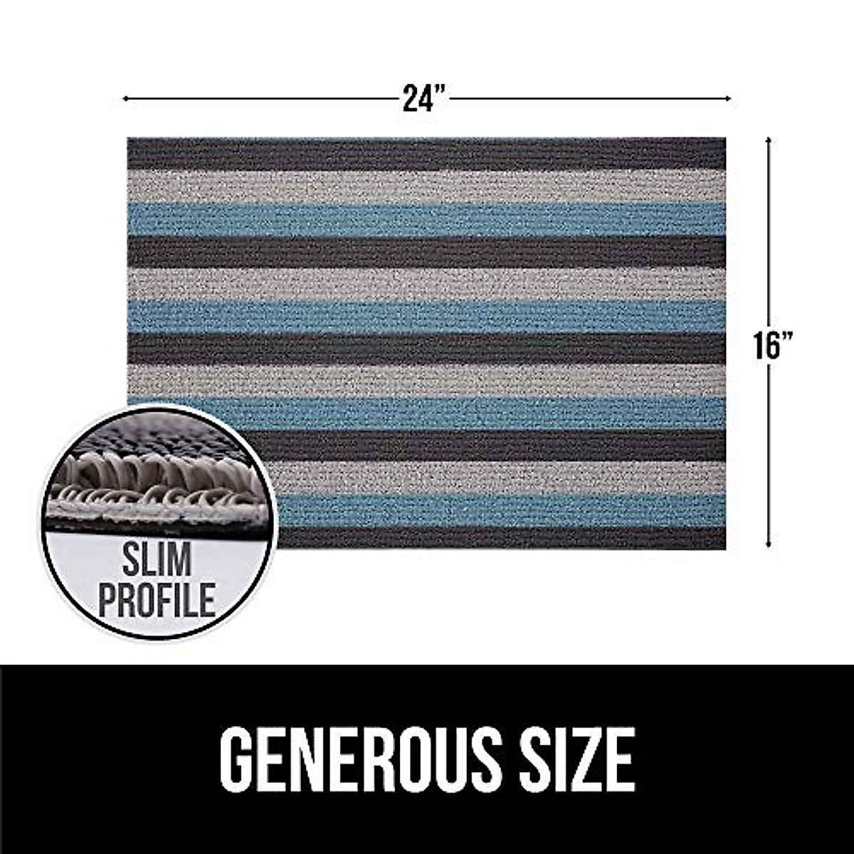Gorilla Grip Heavy Duty Striped Doormat, Thick Bristles, Crush Proof Texture, Catches Dirt from Shoes, Strong Backing, Easy to Clean, Indoor and Outdoor Entrance Mats, 24x16, Turquoise and Gray