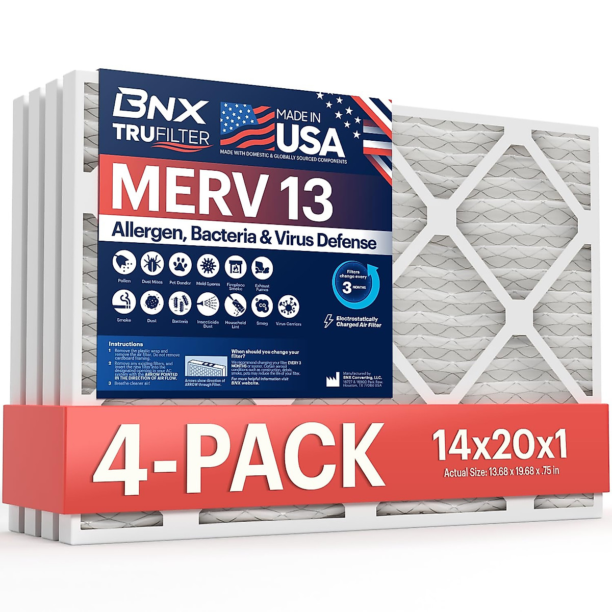 BNX TruFilter 14x20x1 Air Filter MERV 13 (4-Pack) - MADE IN USA - Electrostatic Pleated Air Conditioner HVAC AC Furnace Filters for Allergies, Pollen, Mold, Bacteria, Smoke, Allergen, MPR 1900 FPR 10