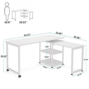 TRIBESIGNS WAY TO ORIGIN 55 Inch Reversible Office Desk, 360° Rotating L-Shaped Computer Desk with Storage Shelves, Modern Home Office Corner Desk Study Writing Table, High Glossy White