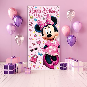 36x72inch Cute Cartoon Mouse Door Cover Banner Kids Hot Pink Mouse Birthday Party Porch Sign Decor Girls Happy Birthday Party Gift Supplies Decorations
