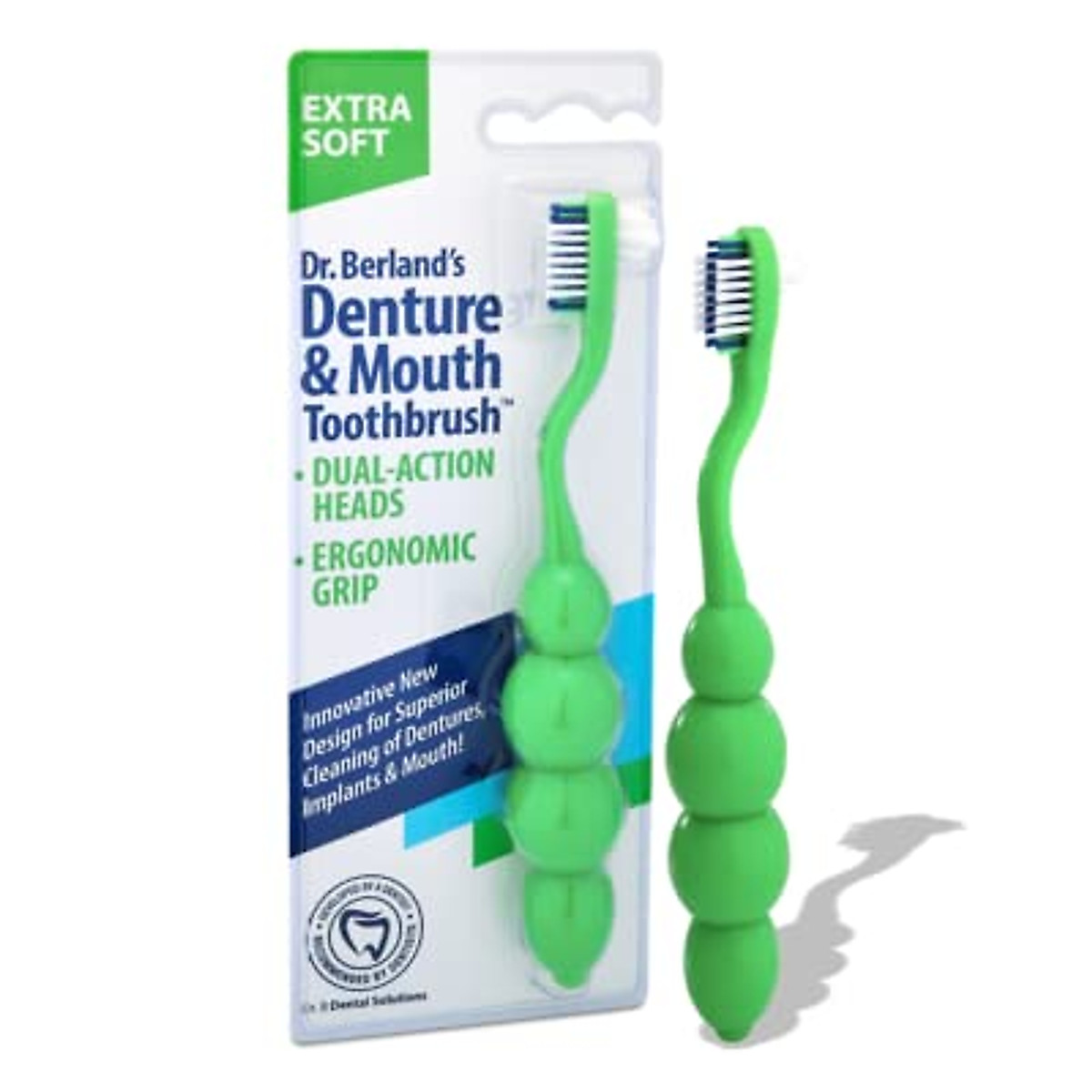 Dr. B Dental Solutions Ergonomic Denture Toothbrush Extra Soft Bristles, Removes Stains & Odor Precision Design for Implants & Overdentures Single Green Pack