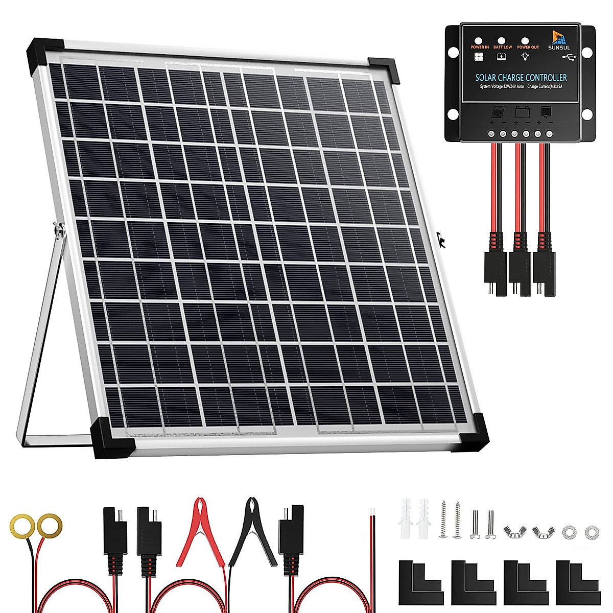 SUNSUL 20W 12V Solar Panel Kit with Trickle Charger, Maintainer, and Adjustable Mount Bracket for Marine, Automotive, RV, Motorcycle, and Boat.