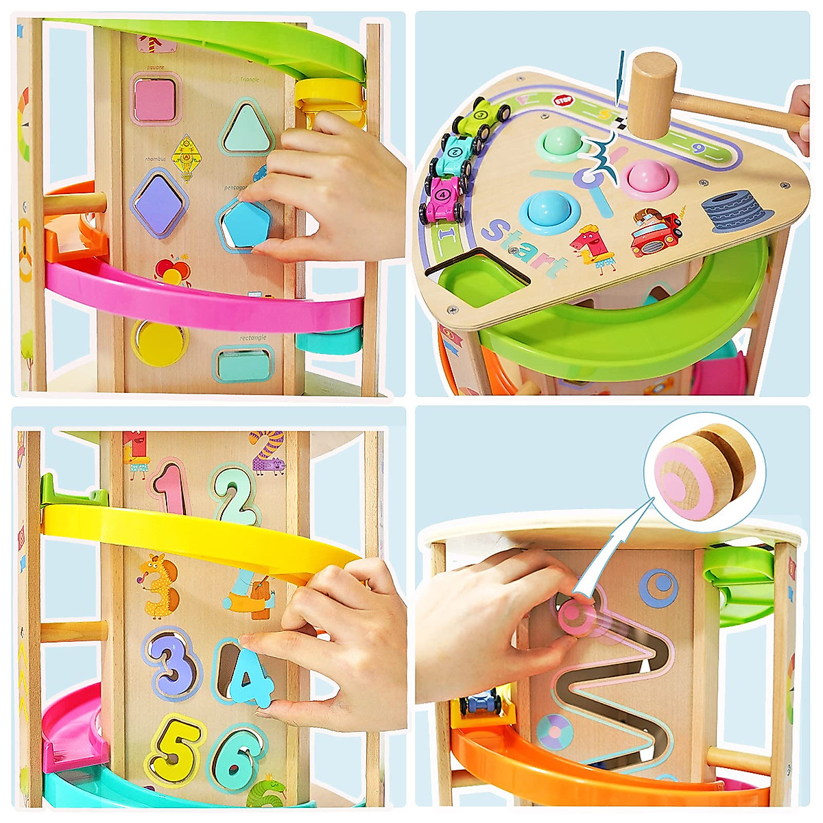 Toddler Toys Wooden Race Track Car Ramp Toys Vehicle Set with 6 Mini Cars & 5 Ramps Educational Cars Toys for 3+ Years Old Ramp Racer Toy Montessori Toys Craft Gift for Toddlers Boys and Girls