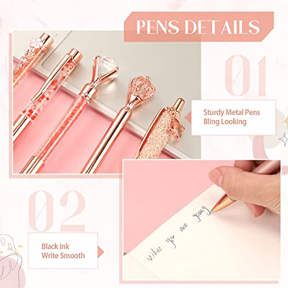 9 Pcs Ballpoint Pens Set Metal Crystal Diamond Pen Liquid Sand Glitter Pen for Journaling Black Ink Pretty Cute Pens Fancy Pens Gifts for Women Girls School Wedding Office Desk Supplies (Rose Gold)