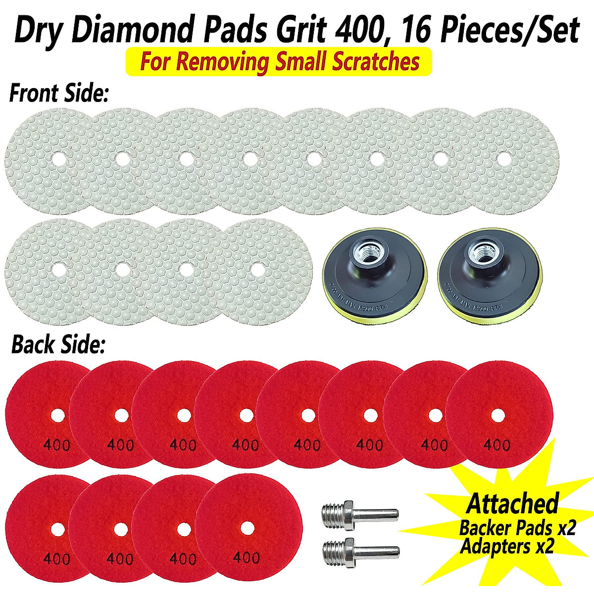 16 Packs Dry Diamond Polishing Pads Grit 400, 4 Inch Dry/Wet Granite Sanding Pad for Bufffing Marble Quartz Concrete Stone Tiles Used for Grinder Polisher Drill
