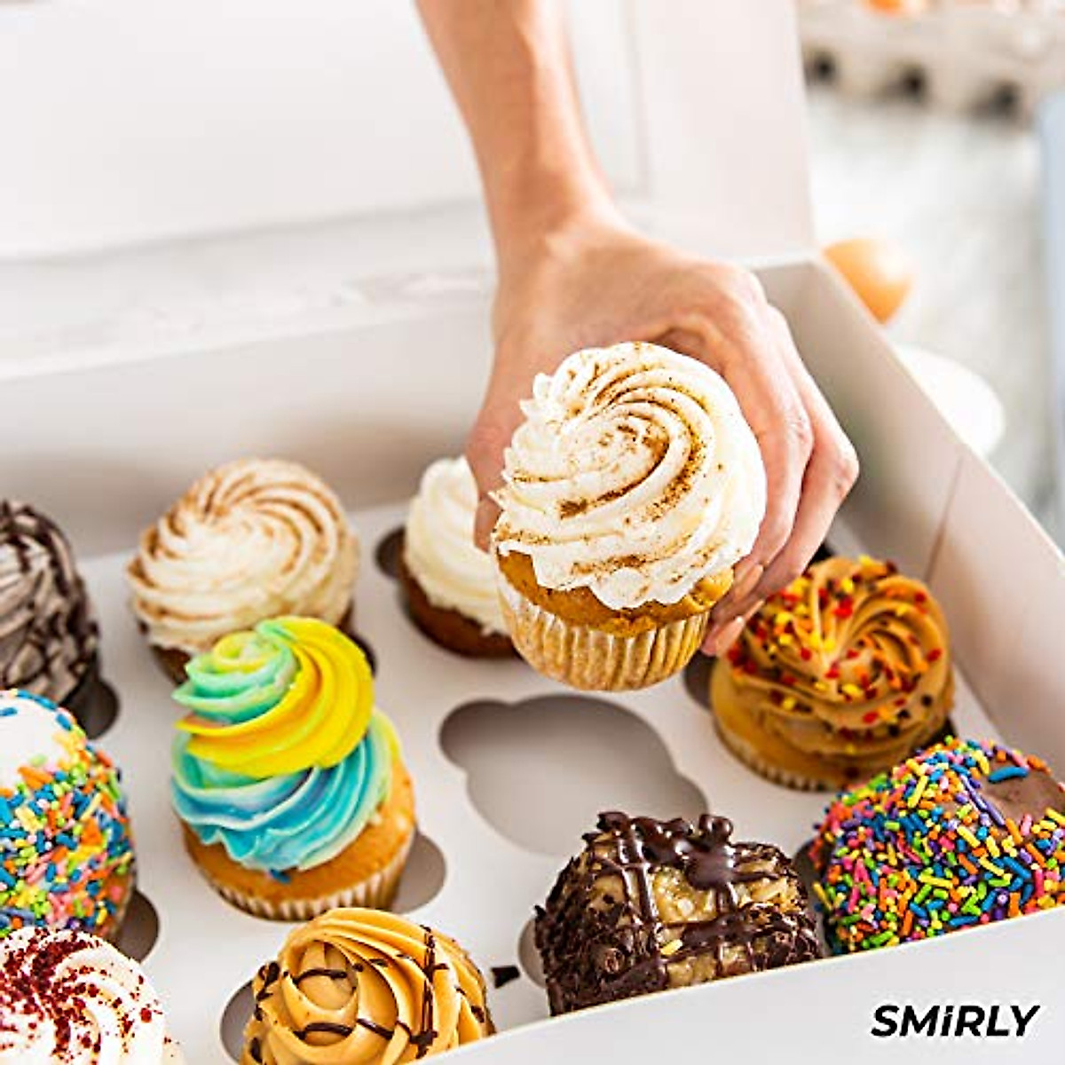 SMIRLY White Cupcake Boxes 12 Count: Disposable Cupcake Containers 12 Count, Cupcake Holder with Lid, Cupcake Carrier, Bakery Boxes with Window, Pastry Boxes Cookie Boxes with Window Large Treat Boxes
