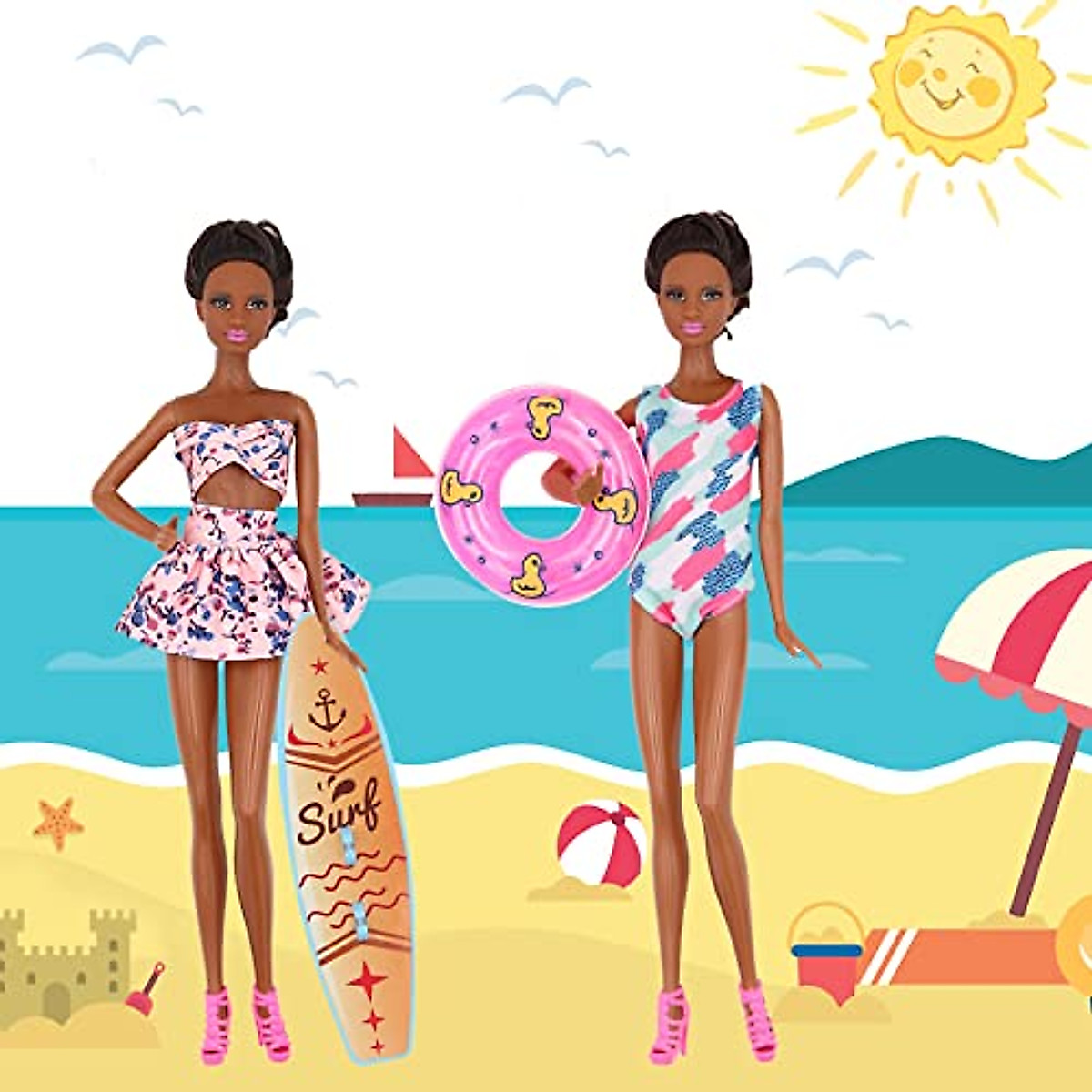 ZTWEDEN Doll Swimsuit Bikini Clothes and Beach Accessories for 11.5 Inch Girl Doll with Surfboard Diving Swim Accessories, 8 Bikini Swim Suit 3 Summer Dresses 10 Shoes Lifebuoys Beach Loungers