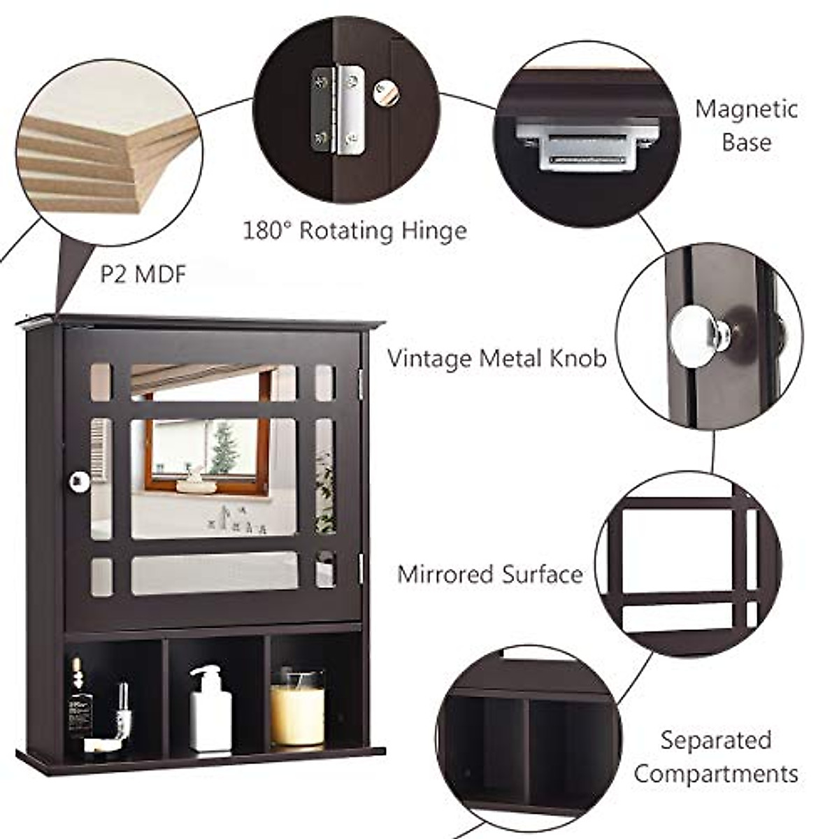 DORTALA Bathroom Wall Storage Cabinet, Mirror Cabinet Organizer, Wooden Hanging Medicine Cabinet Organizer w/Adjustable Shelf & 3 Open Compartments, Brown