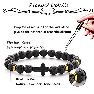 CASDAN 12Pcs Cross Beads Bracelet for Men Women 8mm Lava Tiger Eye Stone Stretch Bracelets Set