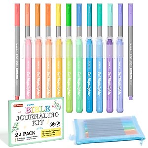 Shuttle Art Bible Highlighters and Pens No Bleed, 22 Pack Bible Journaling Kit, 10 Colors Gel Highlighters and 12 Colors Fineliner Pens with a storage bag, Bible Markers No Bleed Through