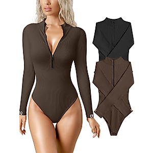 OQQ Women's 2 Piece Bodysuits Sexy Ribbed One Piece Zip Front Long Sleeve Tops Bodysuits Black Darkbrown