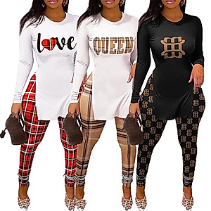 PINLI Women's Two Piece T-Shirt Print Slit Gradient Round Neck Tight Sexy Pants Set Black Print 3XL