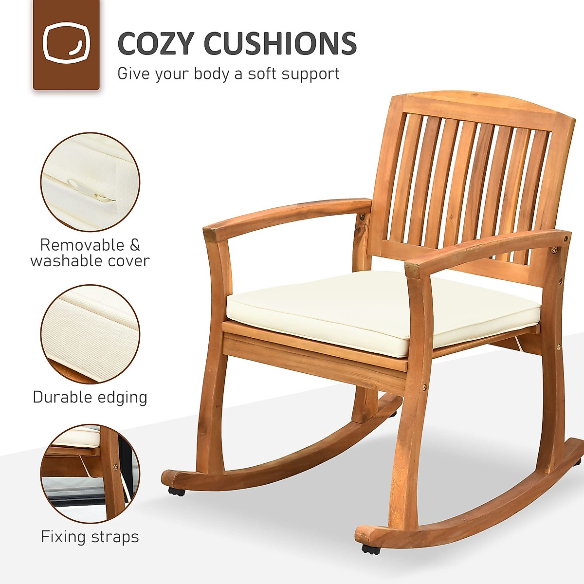 Outsunny Outdoor Rocking Chair with Cushion, Acacia Wood Patio Rocker for Backyard, Patio, Home, Teak Tone