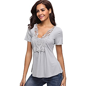 MISS MOLY Peasant Tops for Women Deep V-Neck Lace Ruched Front Ruffle Long Sleeve Blouse Pleated Shirts, Gray, Large