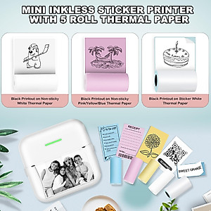 Inkless Sticker Printer, Mini Pocket Printer with 5 Rolls Printing Paper for Android or iOS APP, Portable Bluetooth Inkless Printer Gift for Kids, Thermal Printer for Photo Journal Notes Memo